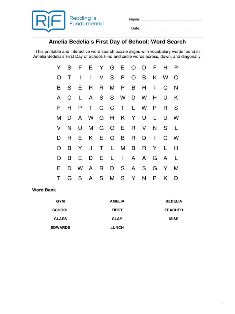 Amelia Bedelia School Word Search | PDF
