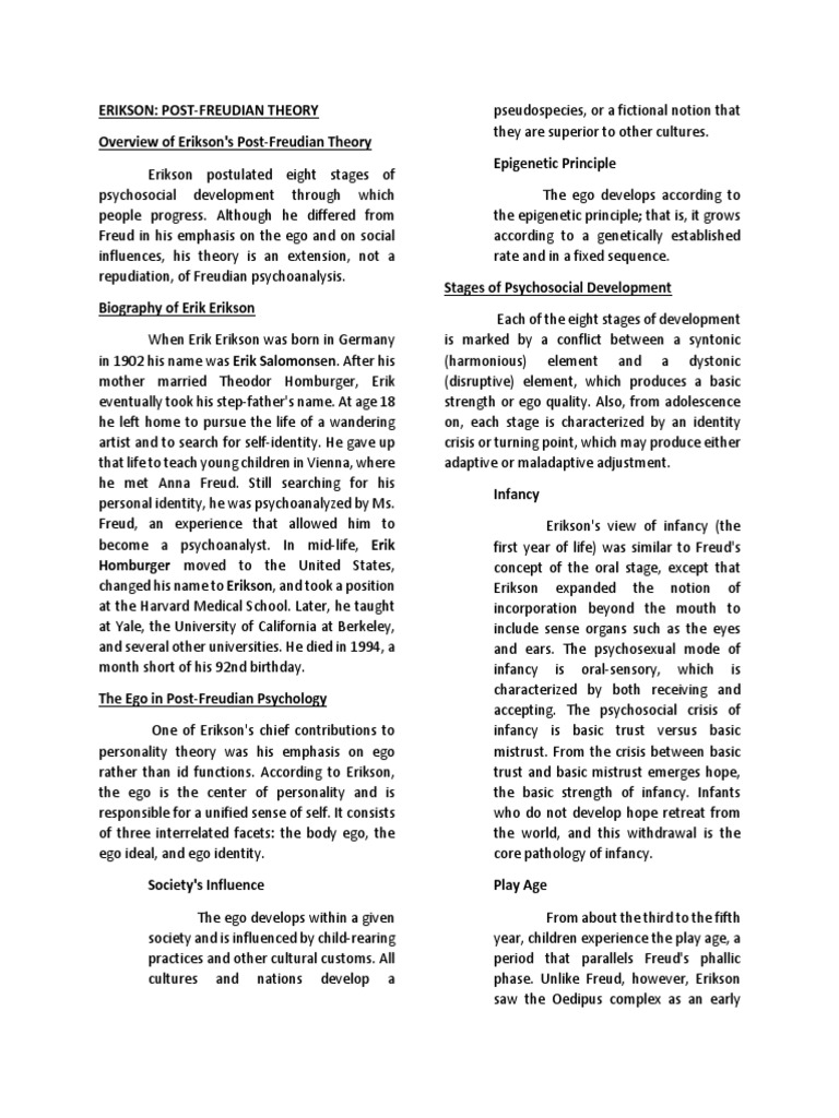 Erikson - Post-Freudian Theory | PDF | Id | Psychoanalysis