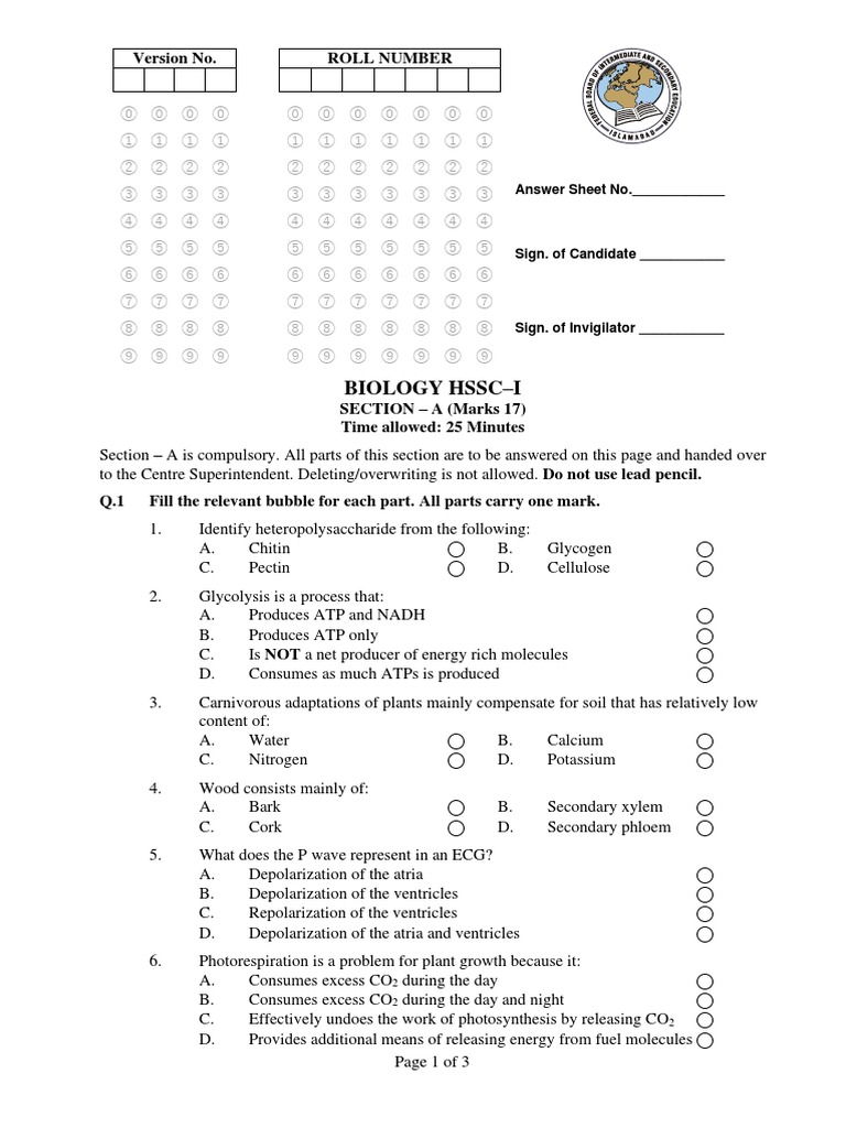 Bio HSSC 1 Model Paper | PDF