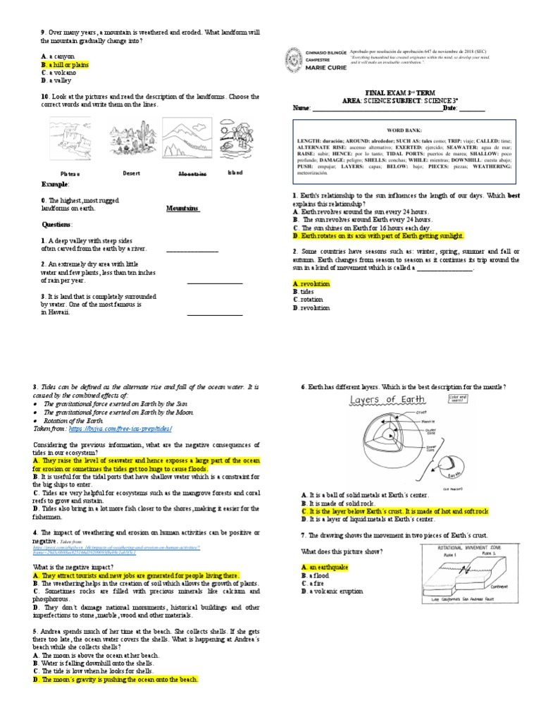Answers Final Exam 3° III Term | PDF | Tide | Earth