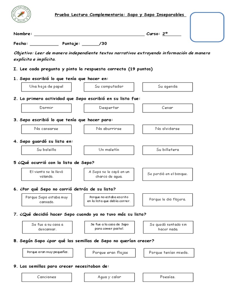 Evaluacion Sapo y Sepo Inseparables | PDF