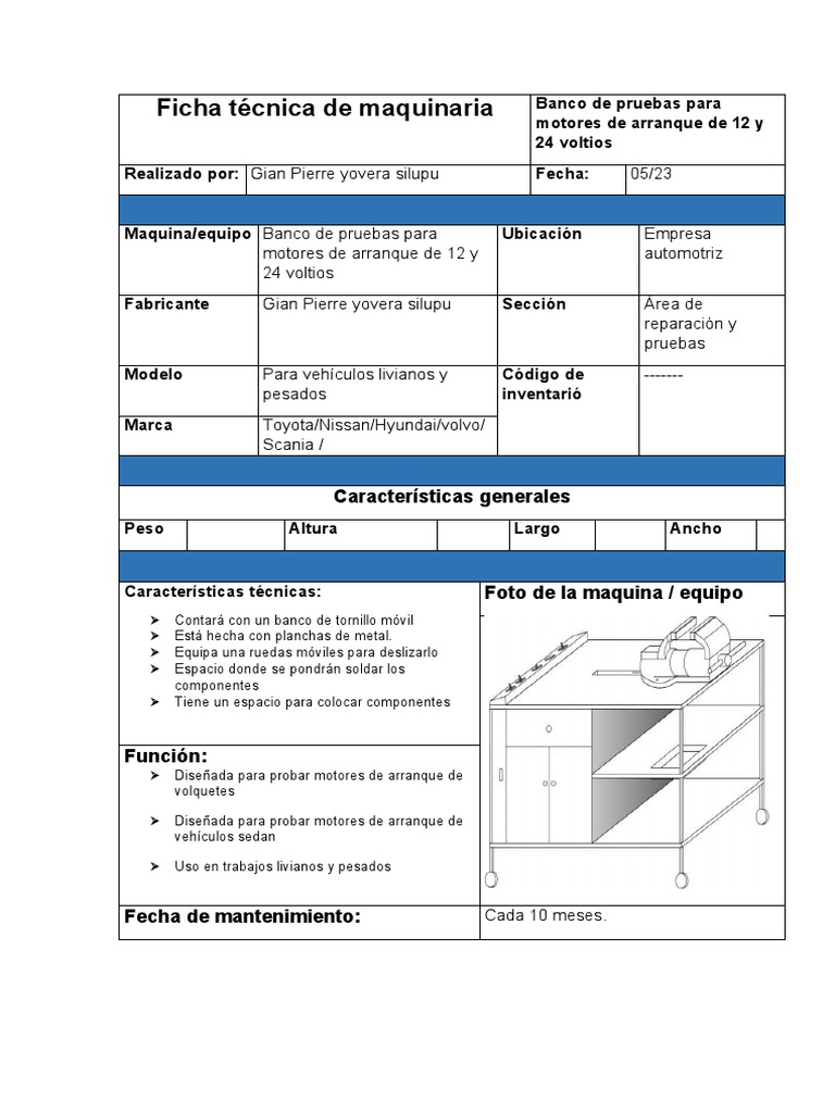 Ficha Técnica de Maquinaria | PDF