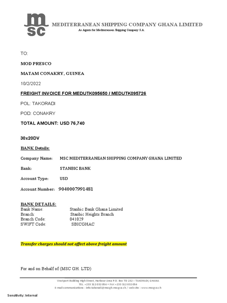 MSC Freight Invoice for Presco | PDF