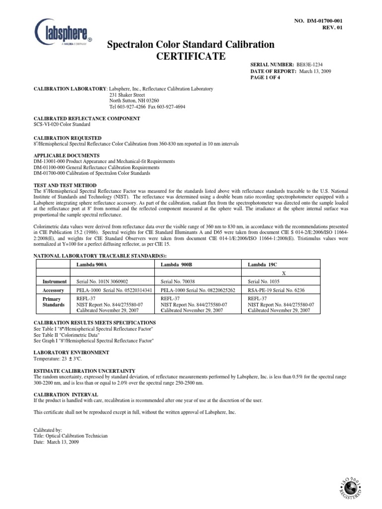 Spectralon Color Calibration Report | PDF | Calibration | Qualia