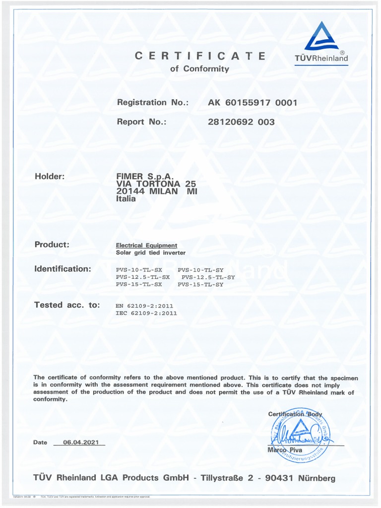 PVS-15 (12.5) (10) - TL (TUV - EN IEC 62109-2 Certificate - Ref. AK ...