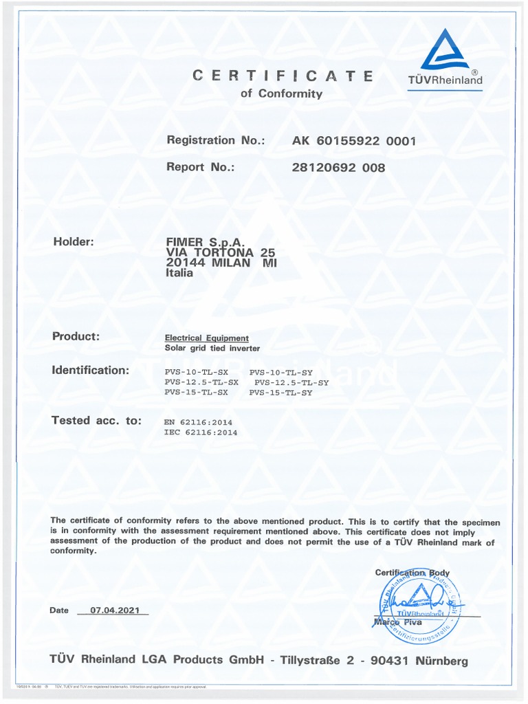 PVS-15 (12.5) (10) - TL (TUV - EN IEC 62116 Certificate - Ref. AK ...