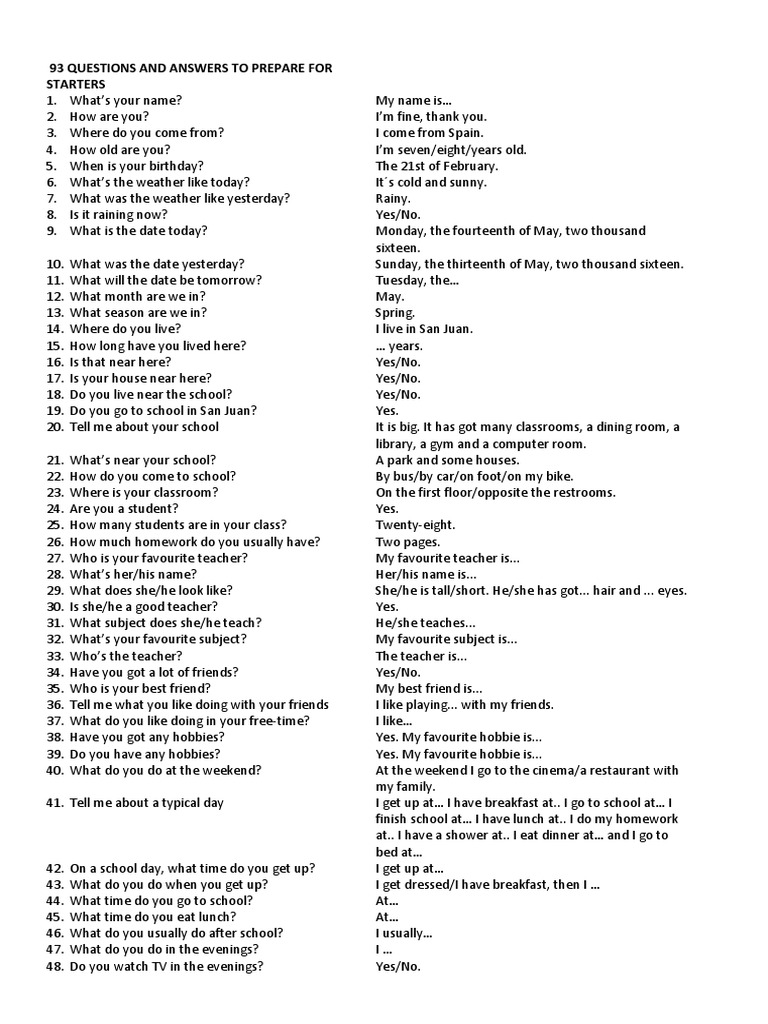 93 Questions and Answers To Prepare For Starters | Download Free PDF | Room