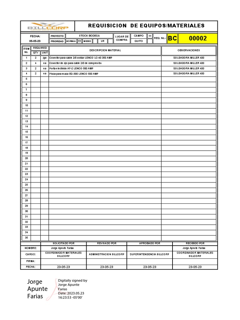 Requisiciòn de Materiales - BILLCORP-02 | PDF