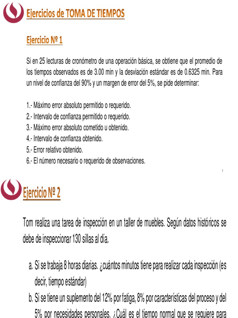 Enunciado Ejercicios Resueltos en Clase - Toma de Tiempos - 2023 01 | PDF | Intervalo de confianza