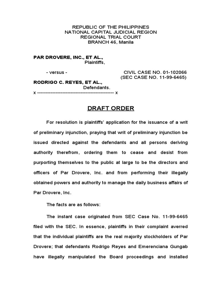 01 102066 Draft Order Inj | PDF | Injunction | Civil Law (Common Law)