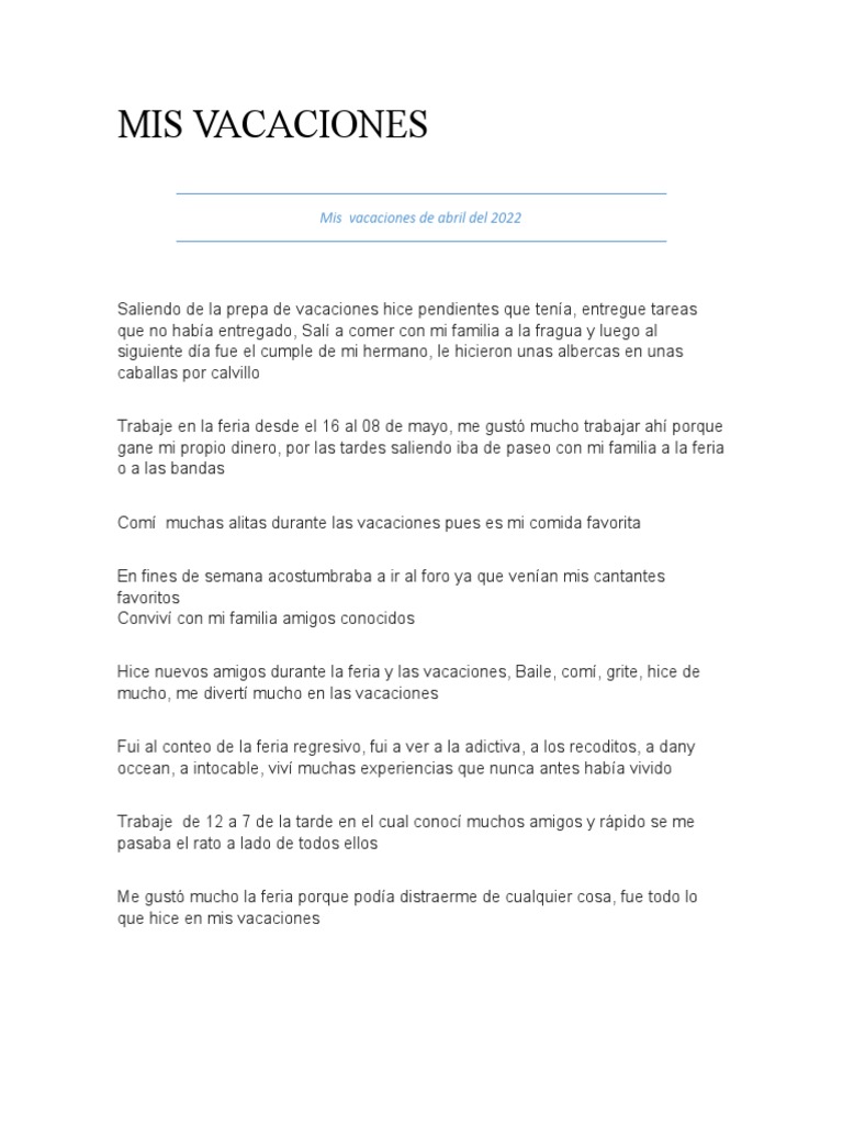 Mis Vacaciones Eva Estrella | PDF