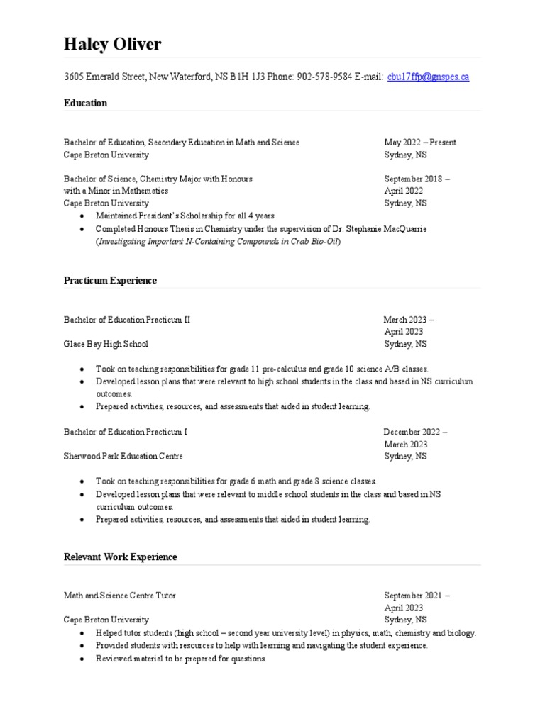 Haley Oliver CV 1 | PDF | Schools | Curriculum