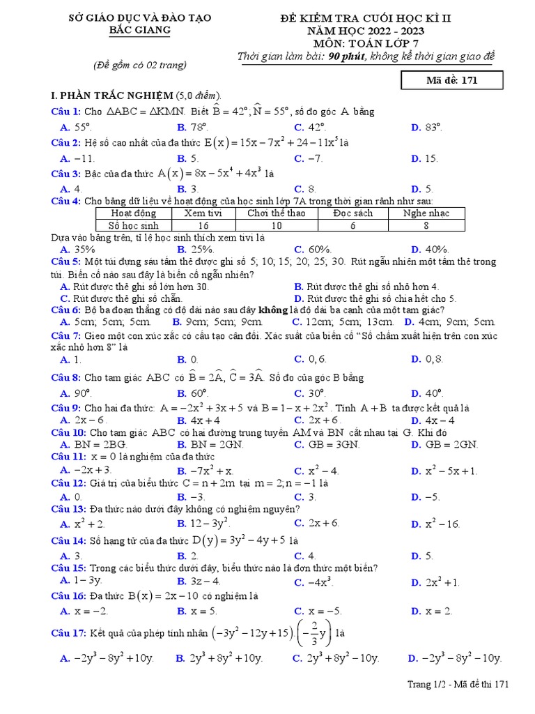 De Thi Cuoi Hoc Ki 2 Toan 7 Nam 2022 2023 So GDDT Bac Giang | PDF