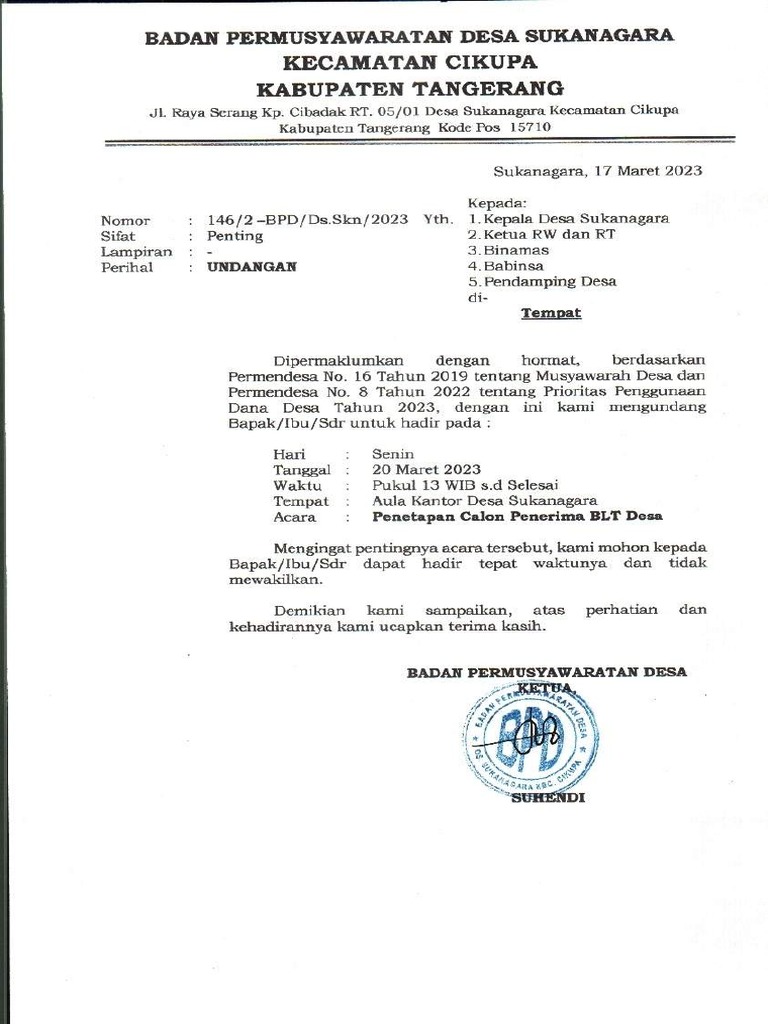 Undangan Dan Ba Penetapan Calon Penerima BLT Desa-001 | PDF