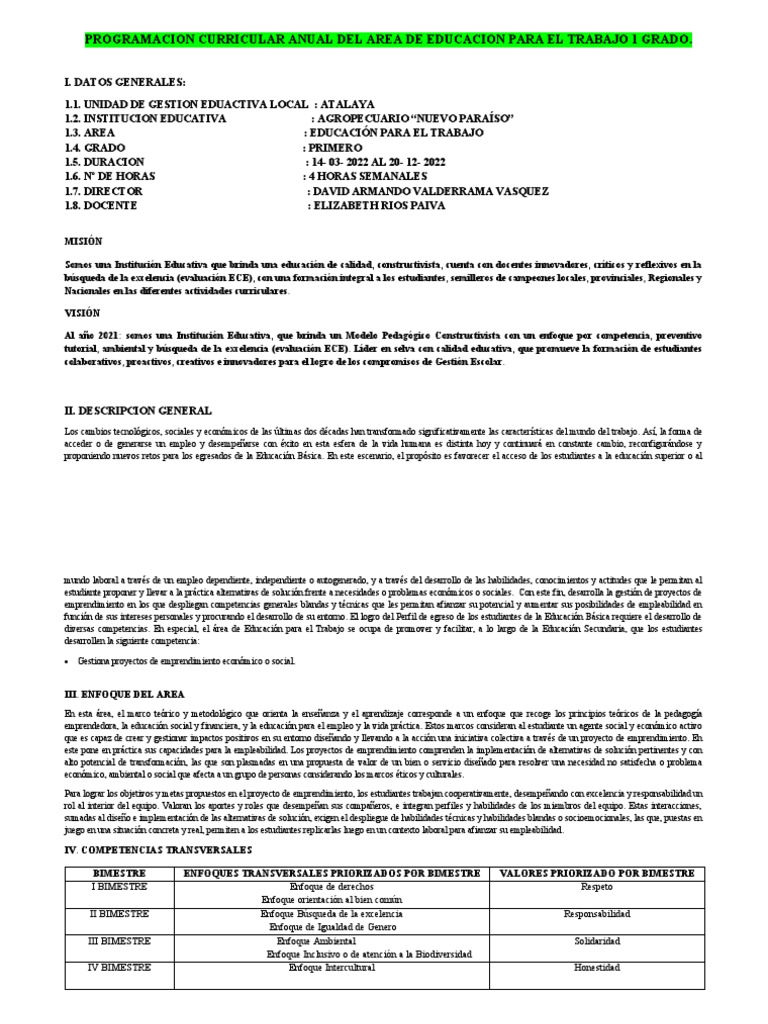 Programación 4° Bimestre EPT 1° Grado | PDF