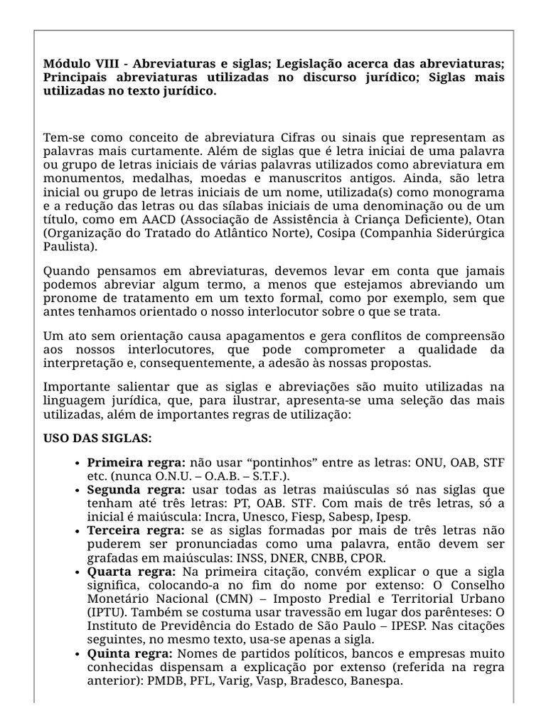 Abreviaturas e Siglas no Discurso Jurídico | PDF | Brasil | Caixa alta ...