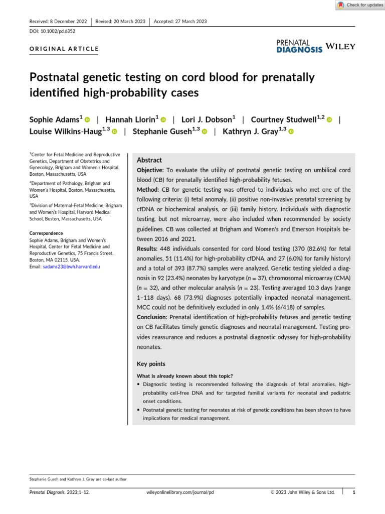Prenatal Diagnosis - 2023 - Adams - Postnatal Genetic Testing On Cord ...