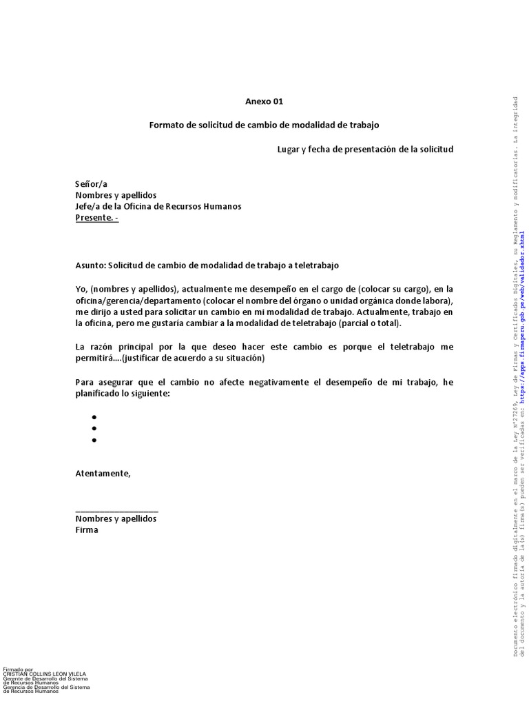 Anexo #1 - Formato de Solicitud de Cambio de Modalidad de Trabajo | PDF