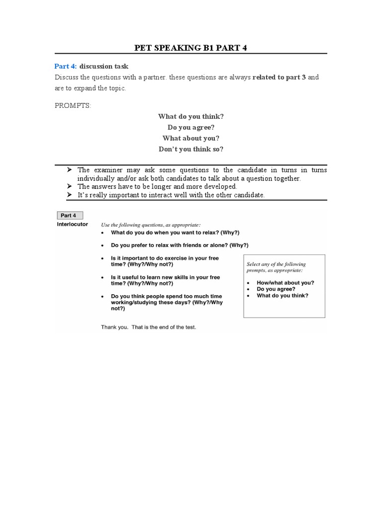 Pet Speaking B1 Part 4 | PDF