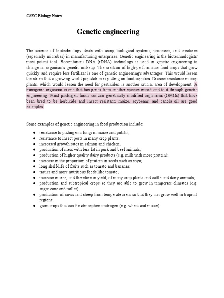 CSEC Biology - Genetic Engineering | PDF | Genetically Modified ...