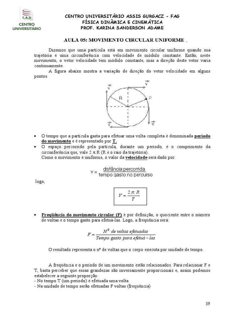Aula 05 - Movimento Circular Uniforme | PDF | Velocidade | Cinemática
