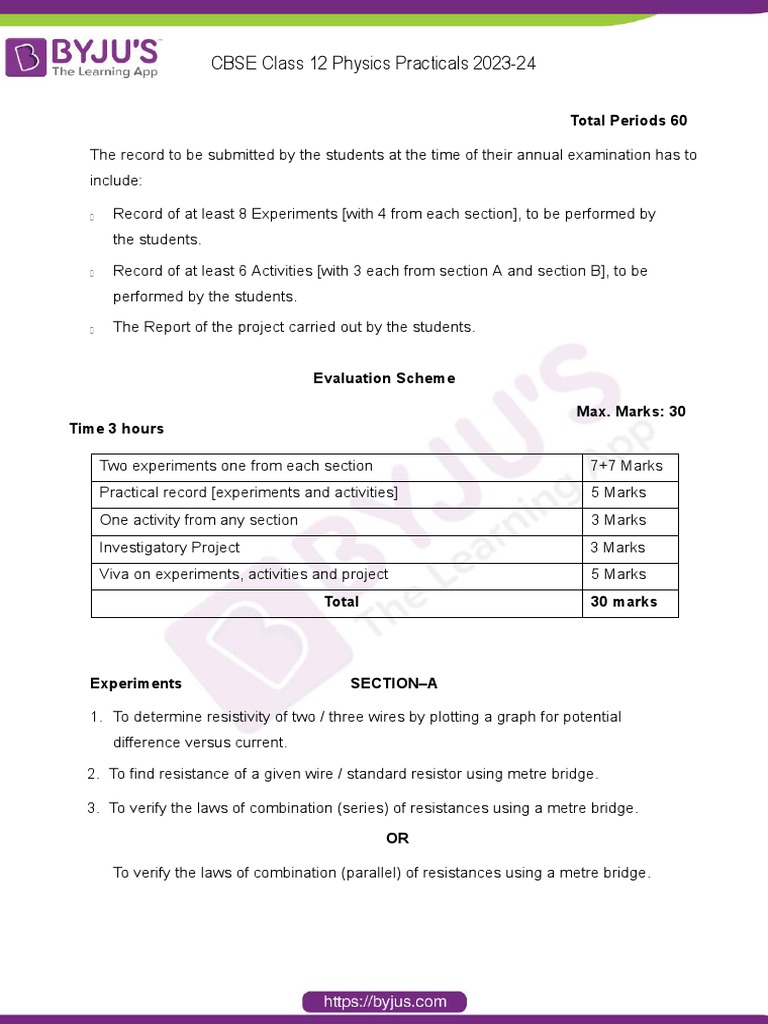 CBSE Class 12 Physics Practicals 2023 24 | PDF | Electrical Resistance ...