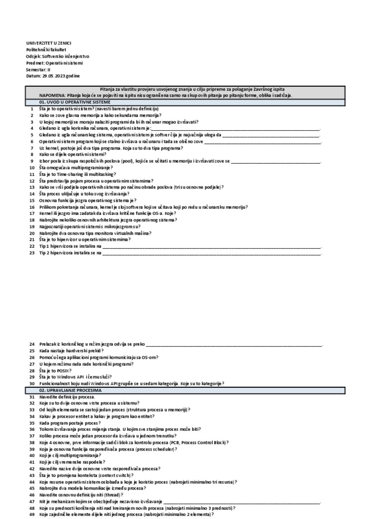 OS Pitanja Za Pripremu Za Zavrsni Ispit Ak 2022 23 29 05 2023 v1 | PDF