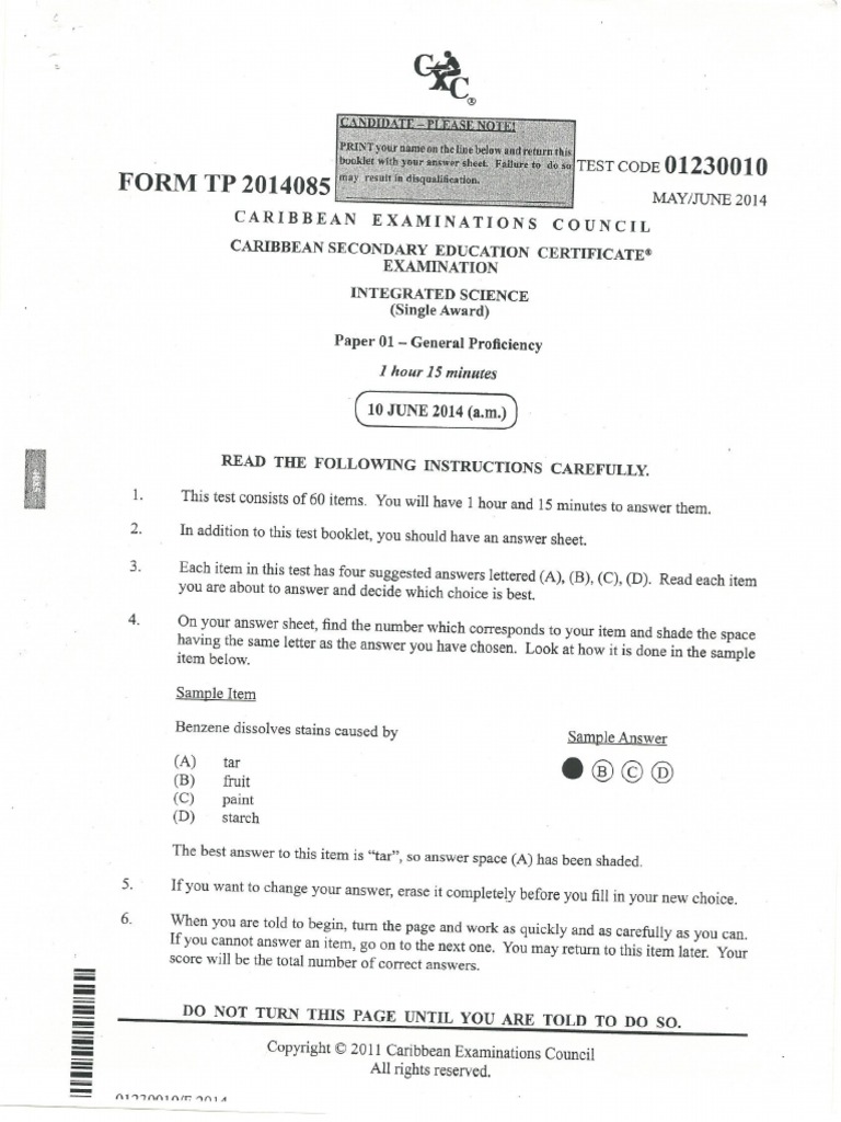 CSEC Intergrated Science P1 2014 | PDF