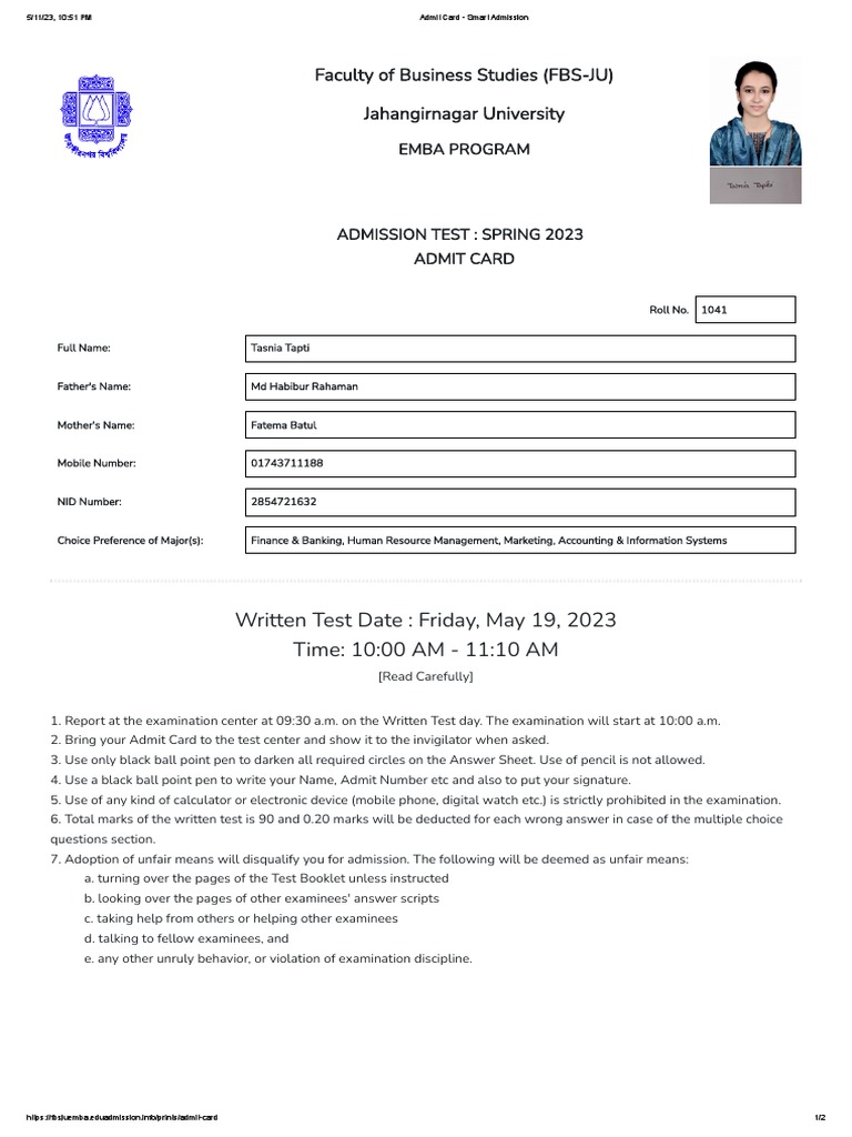 EMBA Admission Test Admit Card 2023 | PDF