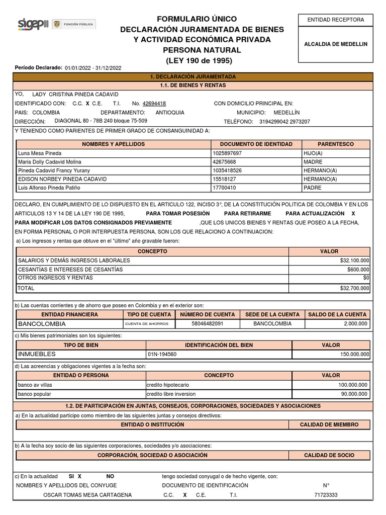 Formulario Único Declaración Juramentada de Bienes Y Actividad ...