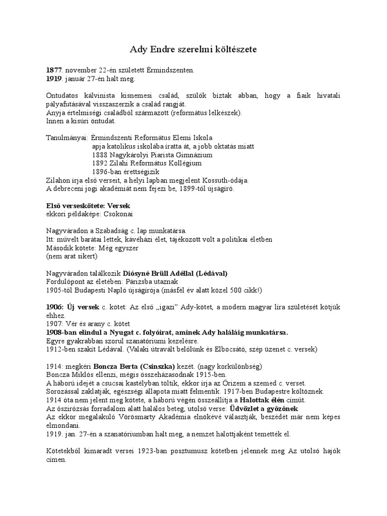 Ady Endre Szerelmi Költészete | PDF