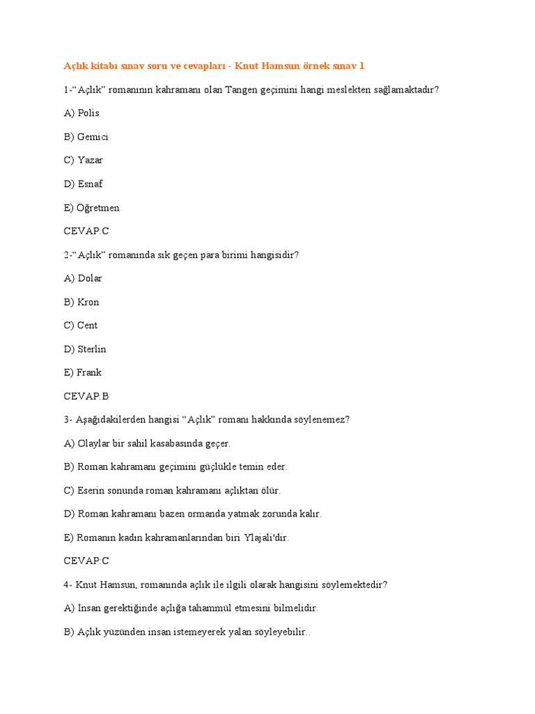 AClik Kitabi Sinav Soru Ve Cevaplari - Knut Hamsun | PDF