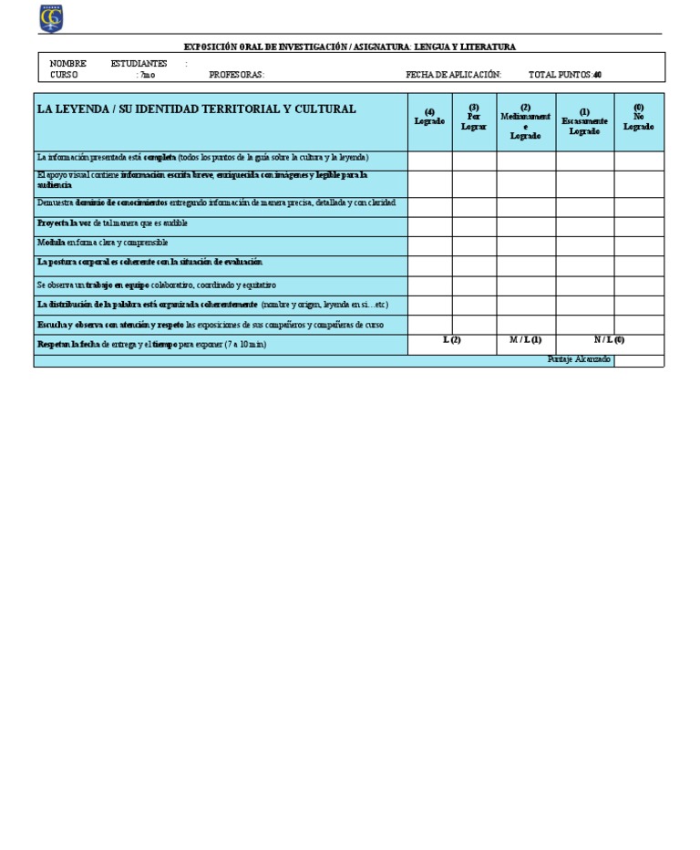 PAUTA DE EVALUACIÓN EXPOSICIÓN ORAL - Leyenda - 7mo | PDF PAUTA DE EVALUACIÓN EXPOSICIÓN ORAL - Leyenda - 7mo | PDF