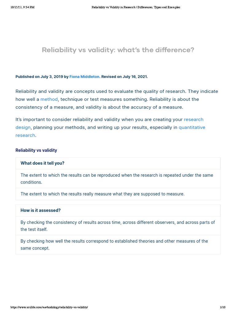 Reliability Vs Validity in Research - Differences, Types and Examples | PDF | Validity ...