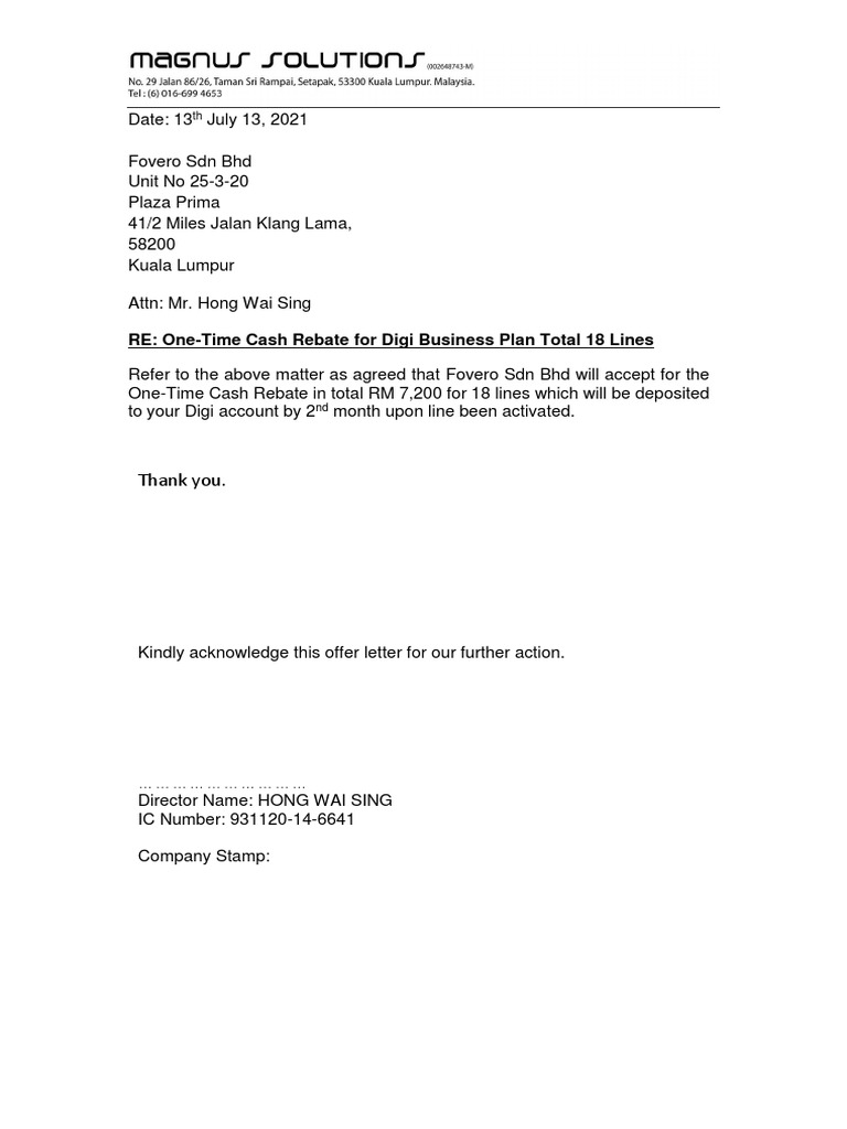 One Time Rebate Offer Letter | PDF