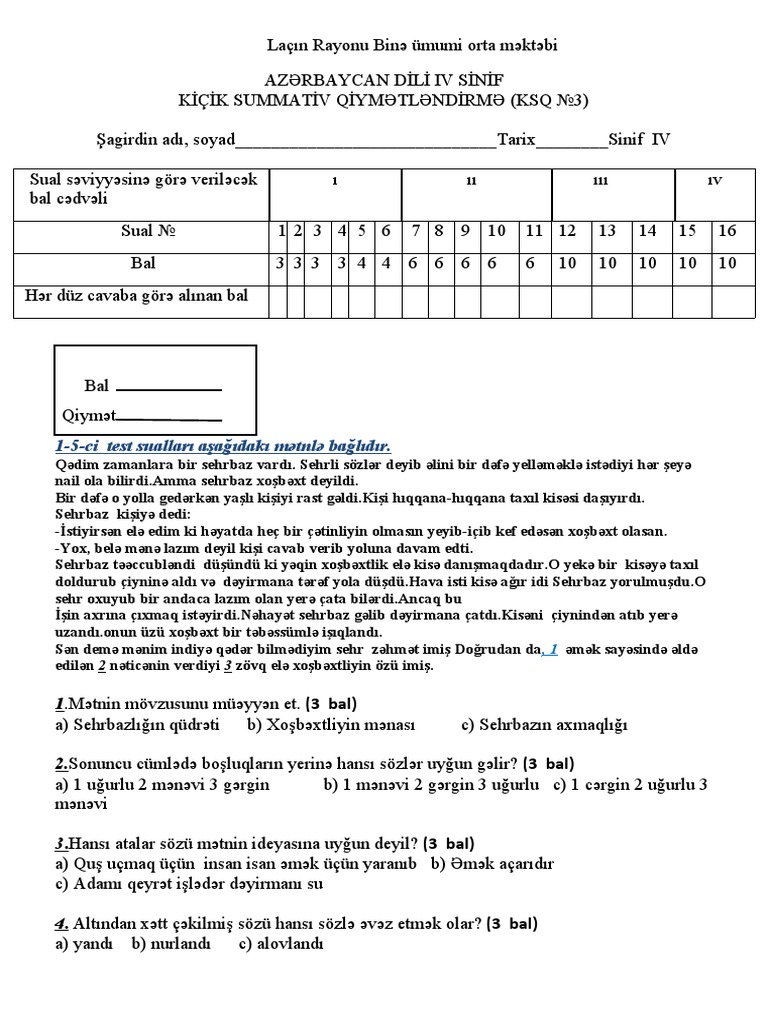 4 - Cu Sinif Azerbaycan Dili KSQ-3 (MUTELLİM BEHBUDOV) | PDF