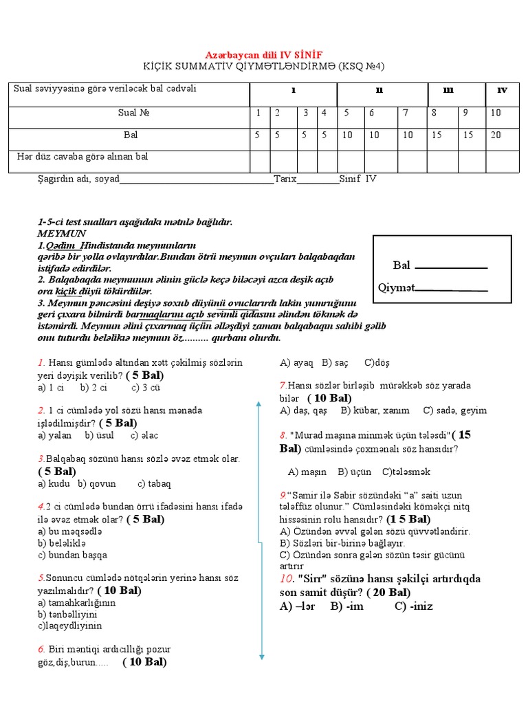 4 - Cu Sinif Azerbaycan Dili KSQ-4 (MUTELLİM BEHBUDOV) | PDF