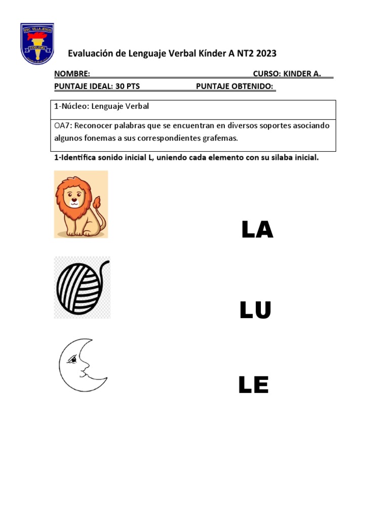 Pruebas Formativas Kinder A | PDF | Sílaba | Comunicación
