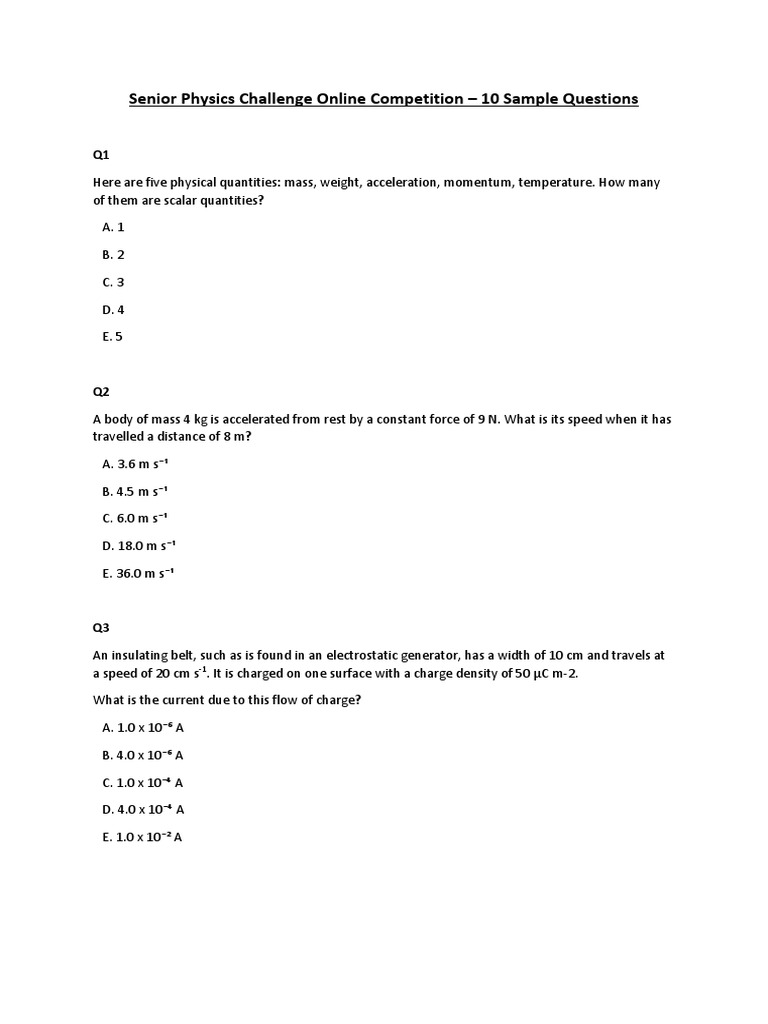 Senior Physics Challenge Sample Questions | PDF