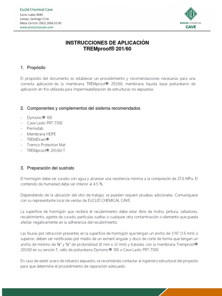 Manual de Aplicación Tremproof 201 | PDF | Hormigón | Agua