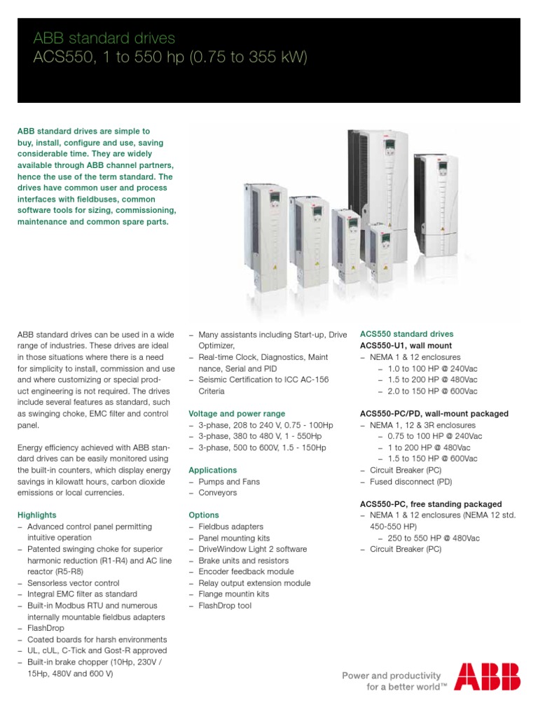 ACS550, 1 To 550 HP (0.75 To 355 KW) : ABB Standard Drives | PDF ...