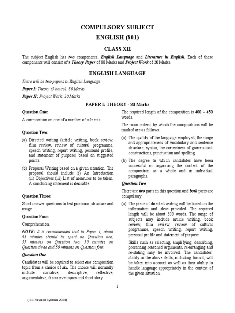 ISC Class 12 English Syllabus Overview | PDF | English Language | Reading Comprehension