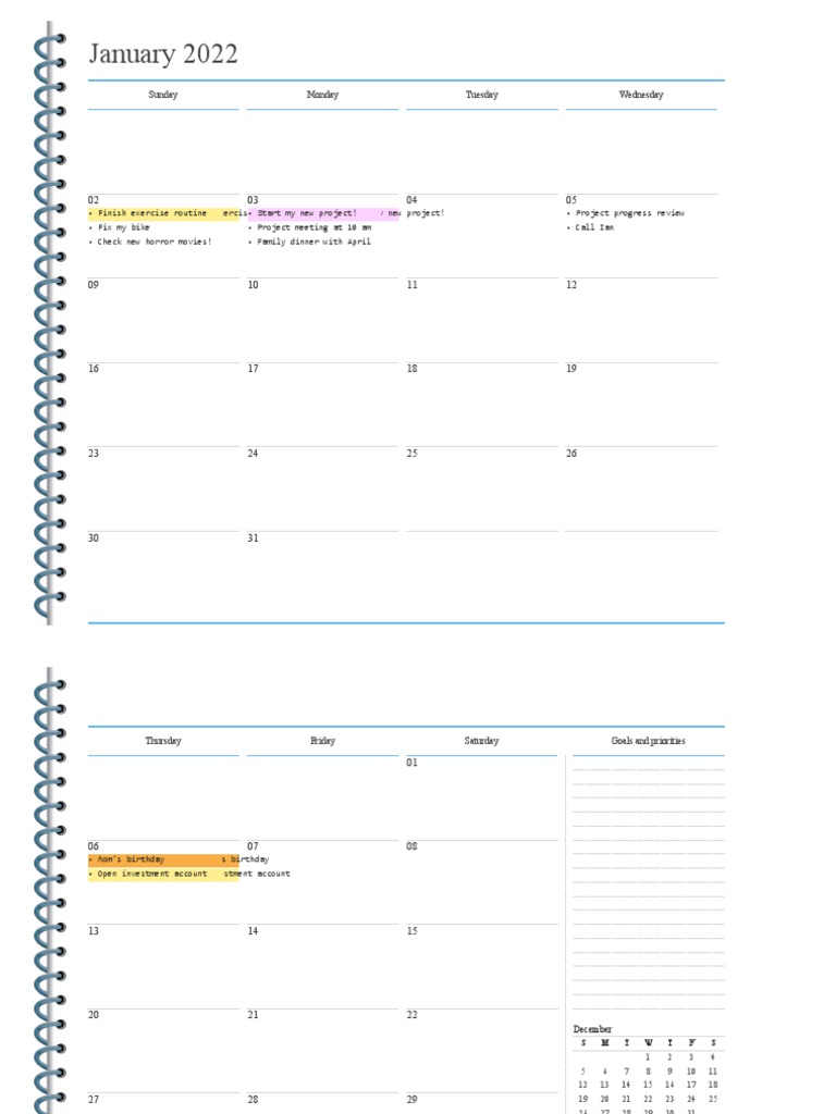 January 2022 Goals and Schedule | PDF