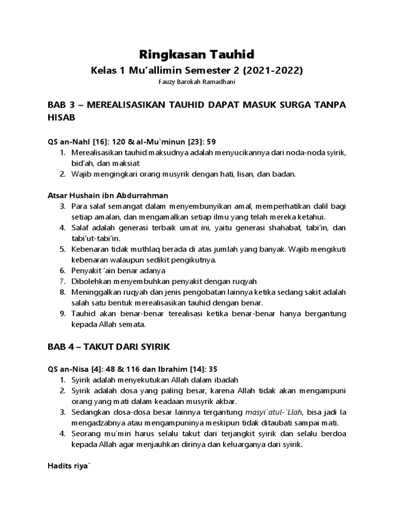Ringkasan Tauhid Kelas 1 MLN Semester 2 (2021-2022) | PDF
