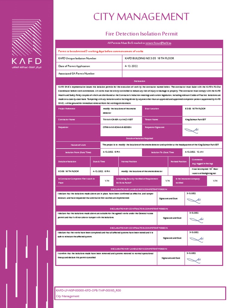 KAFD-LF-NSP-00000-KFD-OPE-TEM-00065 - R00 Fire System Isolation Permit ...
