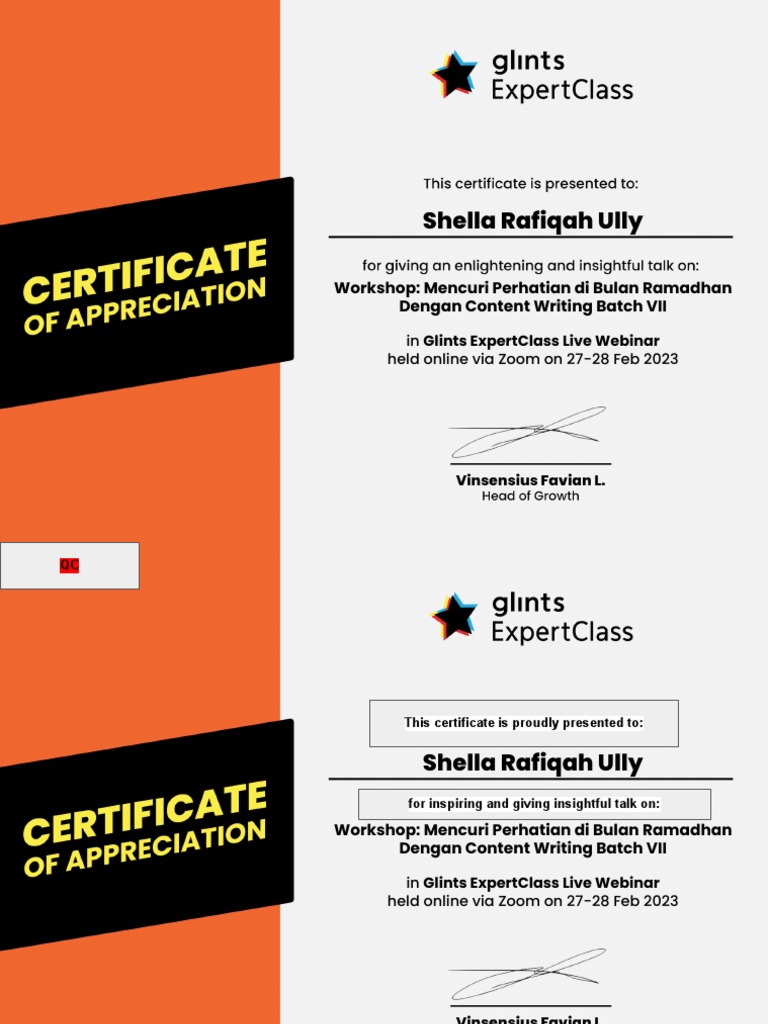 Shella Rafiqah Ully - Glints ExpertClass Certificate - Workshop - Mencuri Perhatian Di Bulan ...