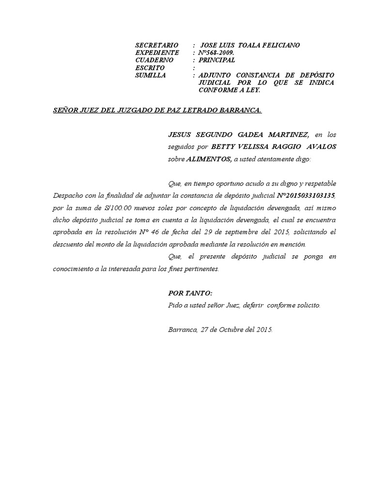 Adjunto Constancia de Depósito Judicial Por Lo Que Se Indica - Alimentos | PDF