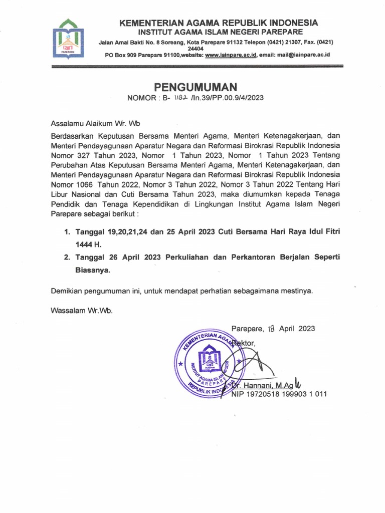 Pengumuman Cuti Idul Fitri | PDF