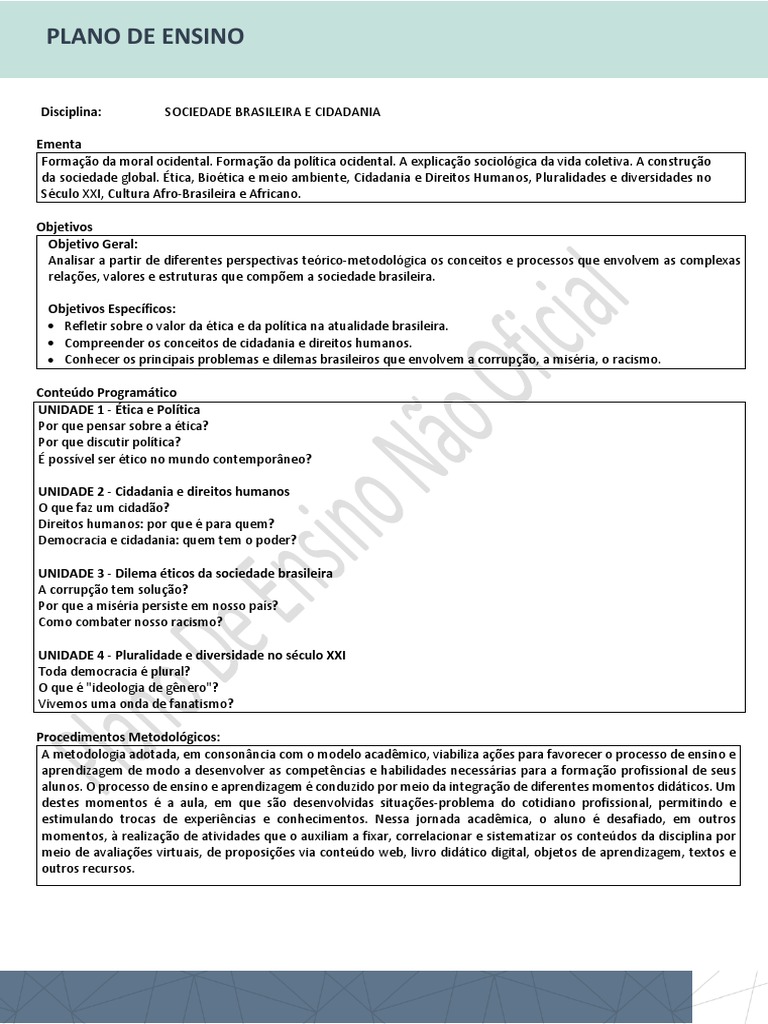 Sociedade Brasileira e Cidadania Plano de Estudo | PDF