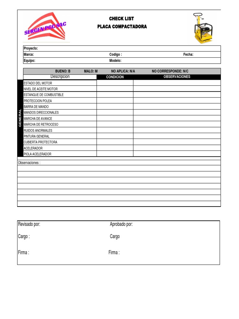 Checklist Placa Compactadora Sergen PGC | PDF